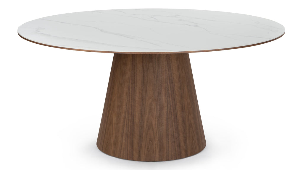 Cella Dining Table, White Ceramic and Walnut, 63in | Interior Icons