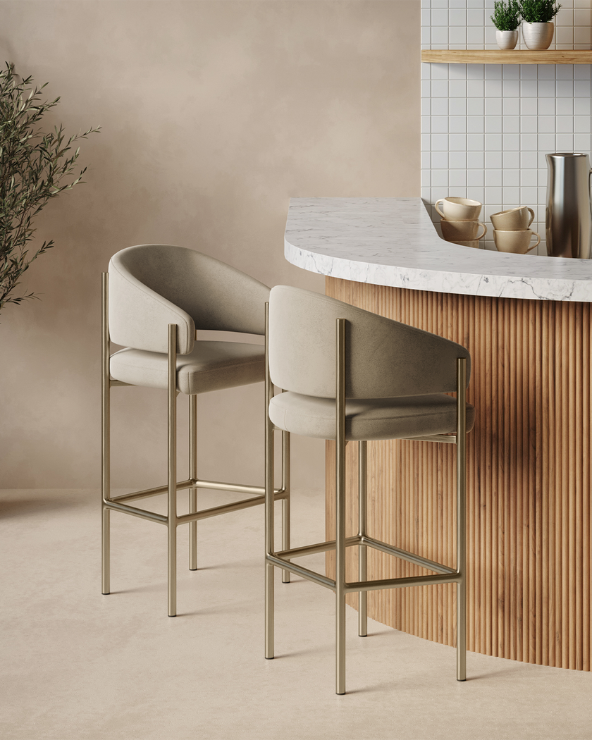 Esme Counter Stool, Latte Vegan Suede with Chrome – ICONS