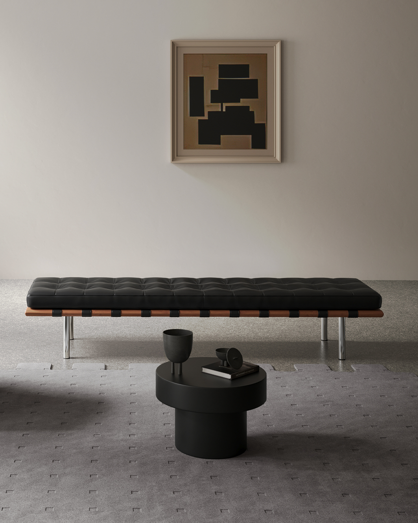 Manhattan Two Seater Bench, Black/White Cowhide – ICONS